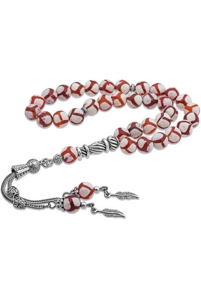 Silver Doğaltaş Metal Püsküllü Çizgili Akik Taşı Tesbih