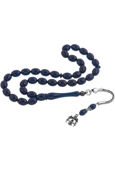 Silver Gümüş Püsküllü Mavi Sıkma Kehribar Tesbih