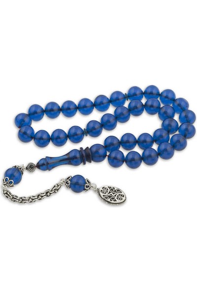 Silver Gümüş Püskül Mavi Küre Sıkma Kehribar Tesbih