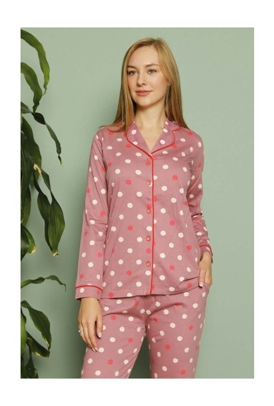 Alimer Alimer kadın Puantiye Desenli Önden Düğmeli Gömlek Yaka Uzun Kollu Pijama Takımı 2616UK
