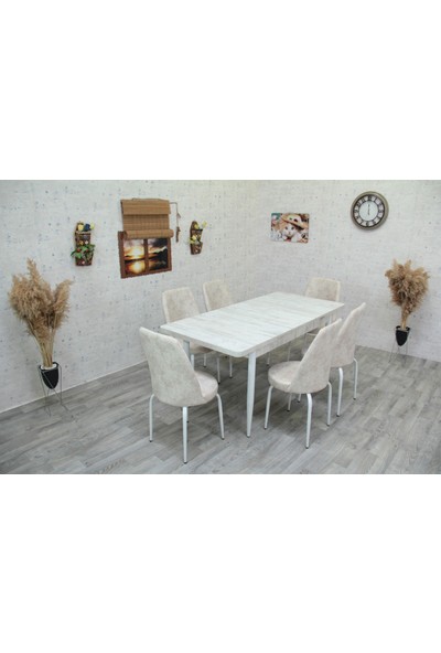 Uğurmob Kristal-Beyaz Ayaklı-Açılır Masa-Sandalye Takımı 6 Sandalyeli