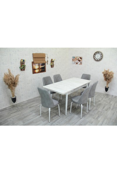 Uğurmob Kristal-Beyaz Ayaklı-Açılır Masa-Sandalye Takımı 6 Sandalyeli