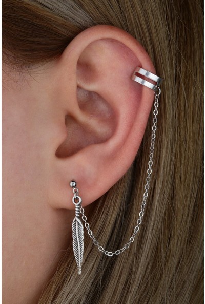 Takıconcept Yaprak Zincir Küpe Gümüş Renk (Üst Küpe Deliksiz)