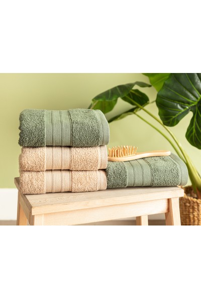 Madame Coco Fabrice Düz 4'lü Yüz Havlu Seti - Yeşil/bej Madame Coco Fabrice Düz 4'lü Yüz Havlu Seti - Yeşil/bej