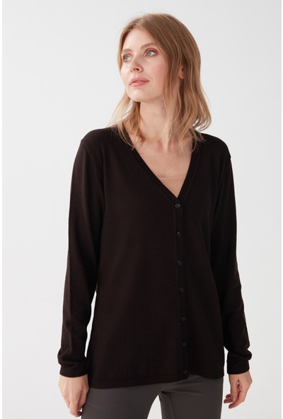 Desen Triko Kadın Likralı Basic Uzun Kollu V Yaka Hırka Koyu Kahve Desen Triko Kadın Likralı Basic Uzun Kollu V Yaka Hırka Koyu Kahve