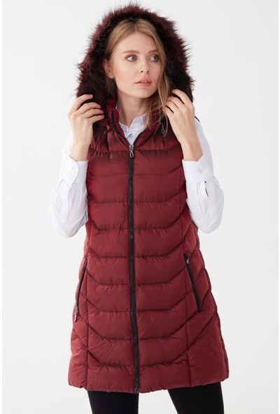 Desen Triko Kadın Kapitone Şişme Yelek Bordo