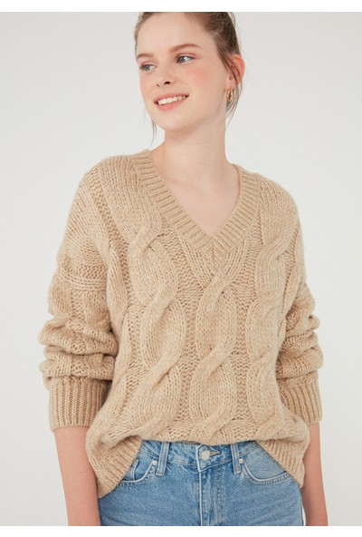 Mavi V Yaka Kahverengi Kazak