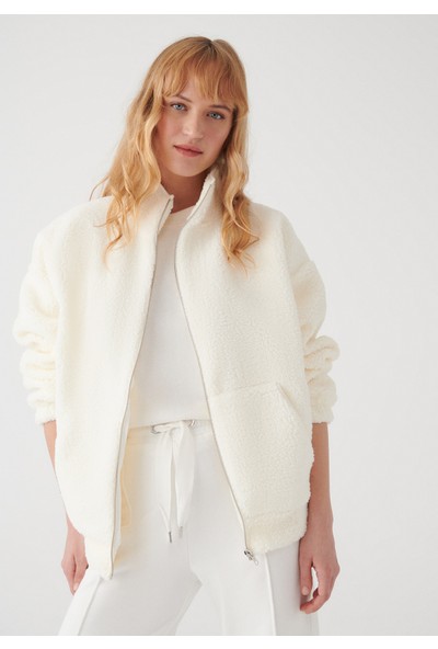 Mavi Fermuarlı Beyaz Sweatshirt