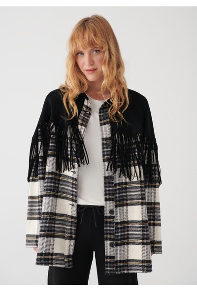 Mavi Kadın Püsküllü Kareli Bej Ceket 1110004-80135