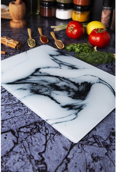 Vip Gross Kırılmaz Cam Kesim Tahtası Panosu 25 x 35 cm Beyaz Mermer