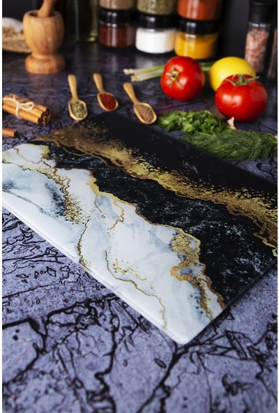 Vip Gross Kırılmaz Cam Kesim Tahtası Panosu 25 x 35 cm Gold Mermer