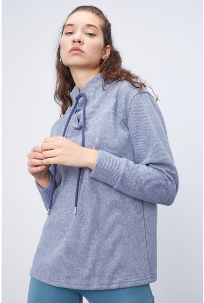 Tommy Life Tommylife Petrol Kadın Bağcıklı Dik Yaka Oversize Selanik Sweatshirt - 97198
