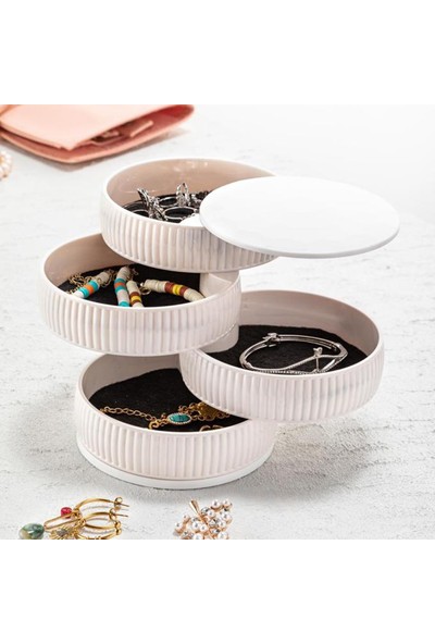 Vienev Çizgili 4 Katlı Dönebilen Silindir Takı Organizeri Beyaz