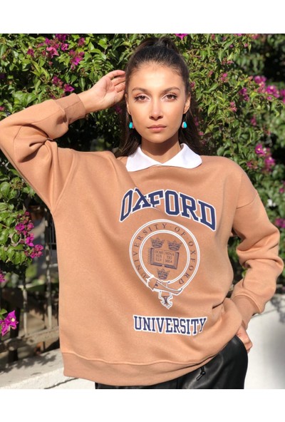 Serenity Kadın Kahverengi Oxford Baskılı Oversize Sweatshirt