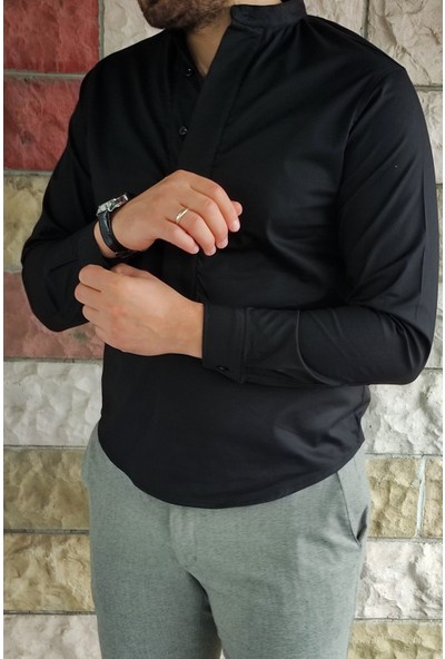 Karanfilden Erkek Gömleği, Yarım Patlı Düğmeli Hakim Yaka Siyah Pamuk Gömlek ,sofi Karanfilden Erkek Gömleği, Yarım Patlı Düğmeli Hakim Yaka Siyah Pamuk Gömlek ,sofi