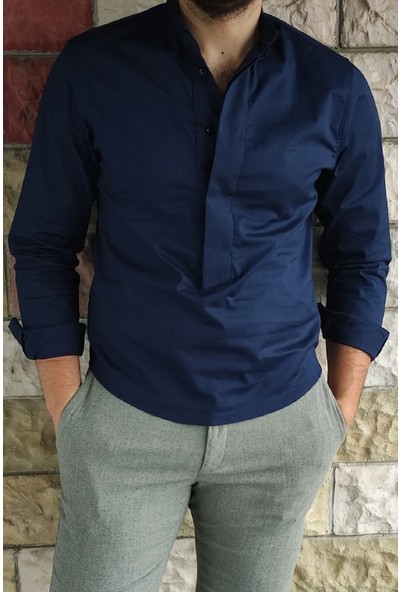 Karanfilden Erkek Gömleği, Yarım Patlı Düğmeli Hakim Yaka Lacivert Pamuk Gömlek ,sofi Karanfilden Erkek Gömleği, Yarım Patlı Düğmeli Hakim Yaka Lacivert Pamuk Gömlek ,sofi