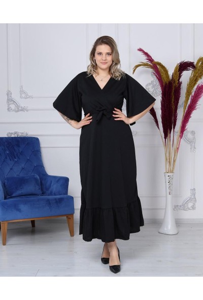 Macfly Kruvaze Yaka Büyük Beden Siyah Elbise