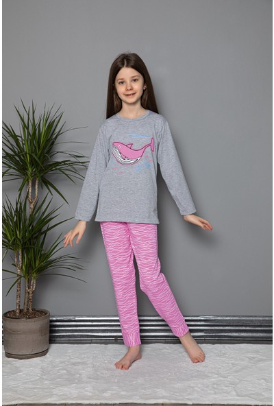 Zef Kids Kız Çocuk Gri Balina Baskılı Uzun Kollu Örme Pijama Takımı