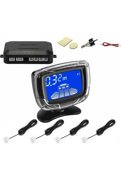 Techmaster LCD Ekranlı Araç Park Sensörü Ses Ikazlı 4 Sensörlü Beyaz