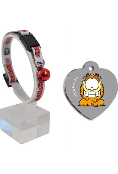 Altın Pati Garfield Gri Kırmızı Desenli Güvenlik Kilitli Ayarlanabilir Yumuşak Doku Kedi Boyun Tasması 22-30 Cm+Garfield Çelik Kaplama Künye