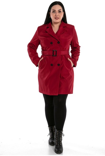 Disentis Modest Büyük Beden Fleto Cepli Kuşaklı Kruvaze Astarlı Bordo Ceket