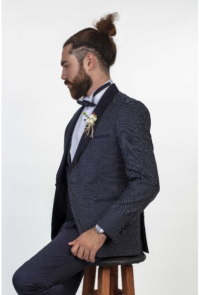 Moda Rabin Erkek Lacivert Puantiyeli Smokin Damatlık Takım Elbise Çıkma Yaka Moda Rabin Erkek Lacivert Puantiyeli Smokin Damatlık Takım Elbise Çıkma Yaka