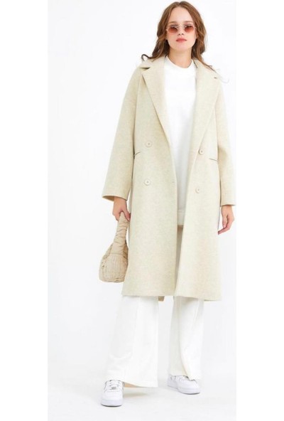 Aclassics Kadın Bej Yakalı Uzun Kruvaze Oversize Yün Kaşe Manto Kaban