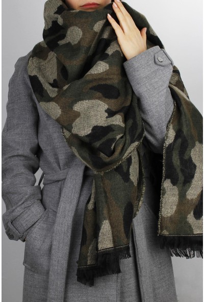 Madame Concept Kadın Yeşil Siyah Desenli Uzun Yün Karışımı Şal