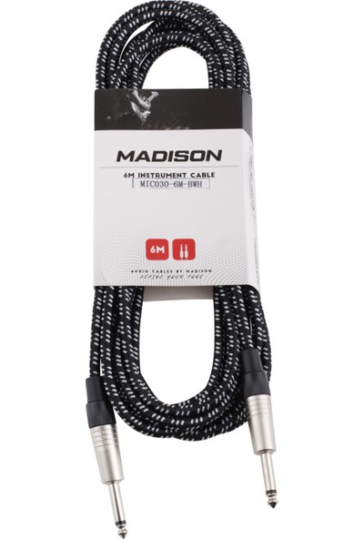 Madison Örgülü Kumaş Gitar Kablosu 6 Metre- Siyah Beyaz Damalı