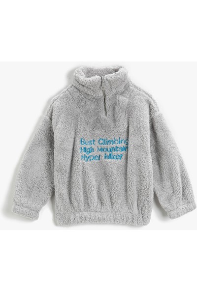 Koton Erkek Çocuk Polar Sloganlı Sweatshirt Yakası Fermuarlı