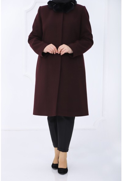 Kombinal Kadın Mürdüm Kürk Yaka Büyük Beden Kaban -3580 Kombinal Kadın Mürdüm Kürk Yaka Büyük Beden Kaban -3580