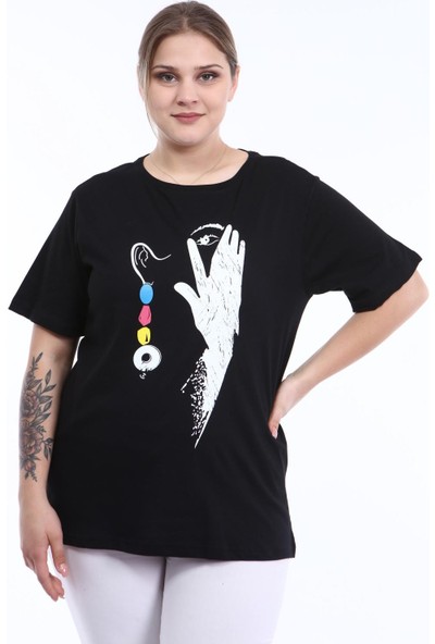 Pianoluce Kadın Büyük Beden Bluz Tshirt Baskılı Pamuklu T-Shirt Siyah ANNA67
