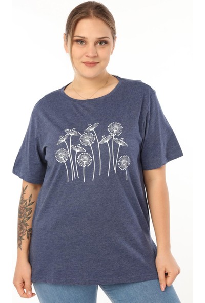 Pianoluce Kadın Büyük Beden Bluz Tshirt Baskılı Pamuklu T-Shirt Indigo ANNA75