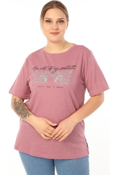 Pianoluce Kadın Büyük Beden Bluz Tshirt Baskılı Pamuklu T-Shirt Bordo ANNA85