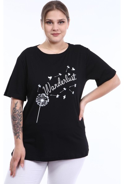 Pianoluce Kadın Büyük Beden Bluz Tshirt Baskılı Pamuklu T-Shirt Siyah ANNA68