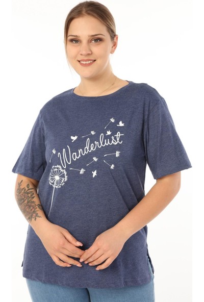 Pianoluce Kadın Büyük Beden Bluz Tshirt Baskılı Pamuklu T-Shirt Indigo ANNA76
