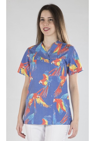 Üças İş Giyim Hemşire Doktor Forması Tek Üst Papağan Desen