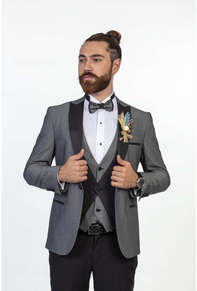 Moda Rabin Gri Puantiyeli Smokin Damatlık Takım Elbise Çıkma Yaka Yelekli Moda Rabin Gri Puantiyeli Smokin Damatlık Takım Elbise Çıkma Yaka Yelekli