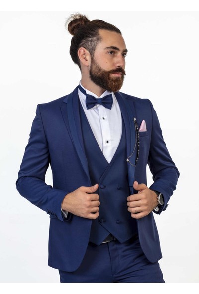 Moda Rabin Erkek Lacivert Klasik Smokin Damatlık Takım Elbise Çıkma Yaka