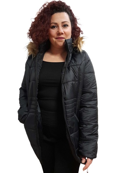 Işıltı fashion Siyah Kapüşonlu Kışlık Kadın Büyük Beden Mont