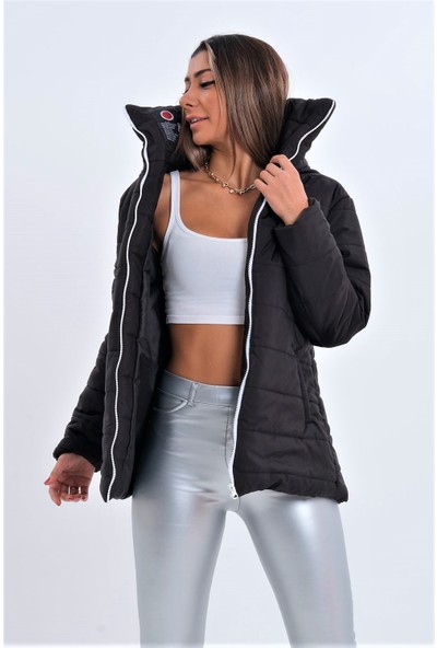 Keyifli Moda Kadın Siyah Dik Yaka Su Geçirmez Uzun Şişme Mont Keyifli Moda Kadın Siyah Dik Yaka Su Geçirmez Uzun Şişme Mont