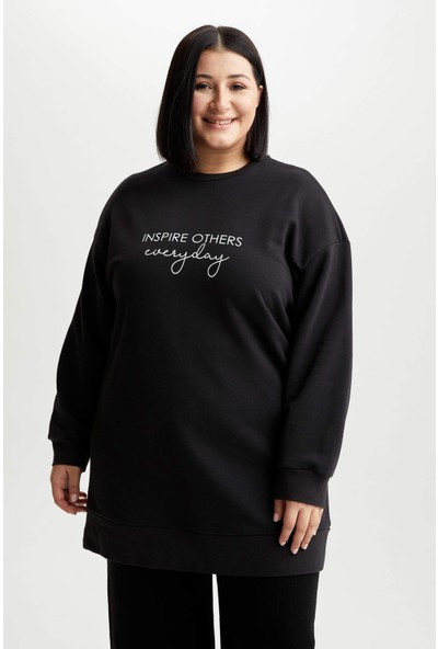 DeFacto Oversize Fit Bisiklet Yaka Baskılı Büyük Beden Kalın Sweatshirt Kumaşı Sweatshirt Tunik W3485AZ21WN