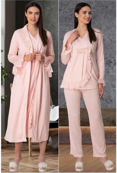 Mecit Pijama Mecit 5559 Pudra Sabahlık Pijama Gecelik Lohusa Set