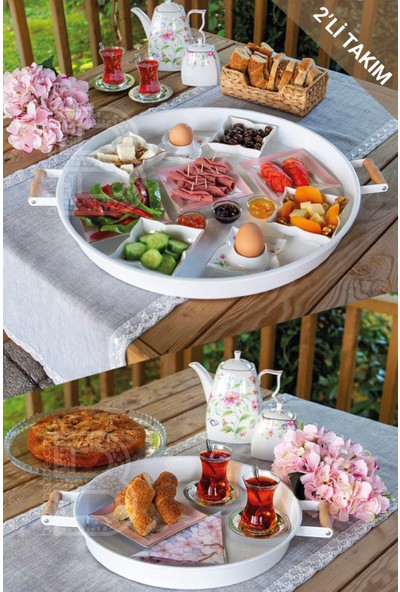 Kitchen Trend 2'li Ahşap Kulplu 51 cm Metal Tepsi ve 37 cm Beyaz Tepsi Çay Kahve Sunum Tepsisi Kitchen Trend 2'li Ahşap Kulplu 51 cm Metal Tepsi ve 37 cm Beyaz Tepsi Çay Kahve Sunum Tepsisi