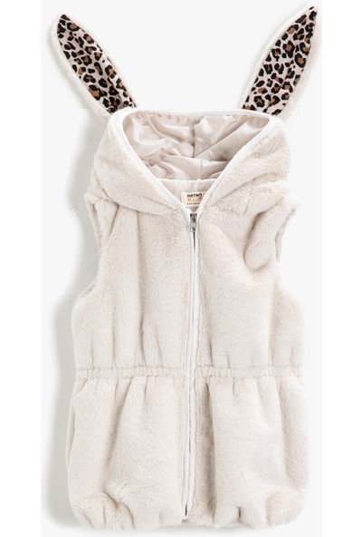 Koton Suni Kürk Kapşonlu Yelek Leopar Desenli Kedi Kulaklı