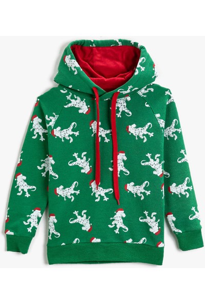 Koton Yılbaşı Temalı Dinozor Baskılı Kapşonlu Sweatshirt