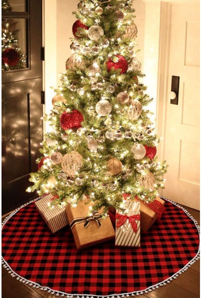 New Obsessions 90 cm Kırmızı Ekose Desenli Ponpon Kenarlı Yılbaşı Ağaç Örtüsü Eteği