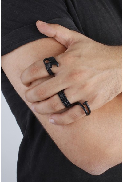 Madame Concept Antik Siyah Renk Ayarlanabilir Model Erkek Üçlü Yüzük Seti