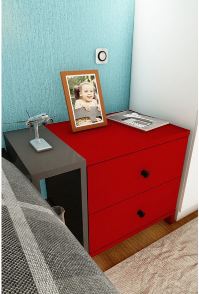 Ünüvar Konsept Fatih Çift Çekmeceli Tek Raflı Komodin Kırmızı Antrasit