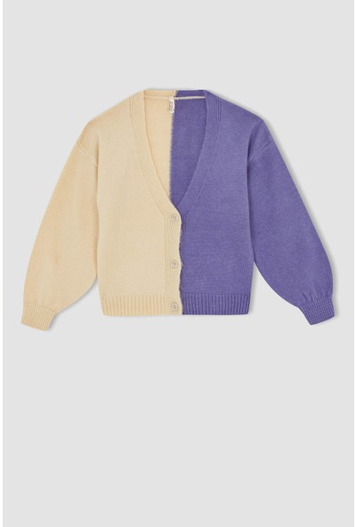 DeFacto Kız Çocuk Regular Fit V Yaka Renk Bloklu Triko Hırka W5381A621WN